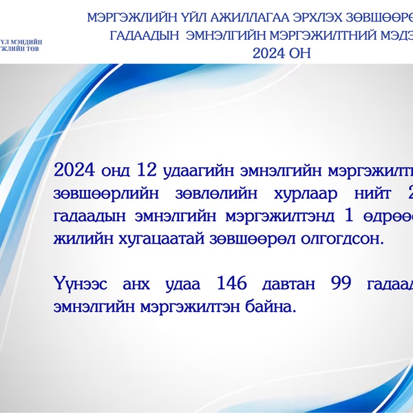 МЭРГЭЖЛИЙН ҮЙЛ АЖИЛЛАГАА ЭРХЛЭХ ЗӨВШӨӨРӨЛ АВСАН МЭДЭЭЛЭЛ Эрүүл